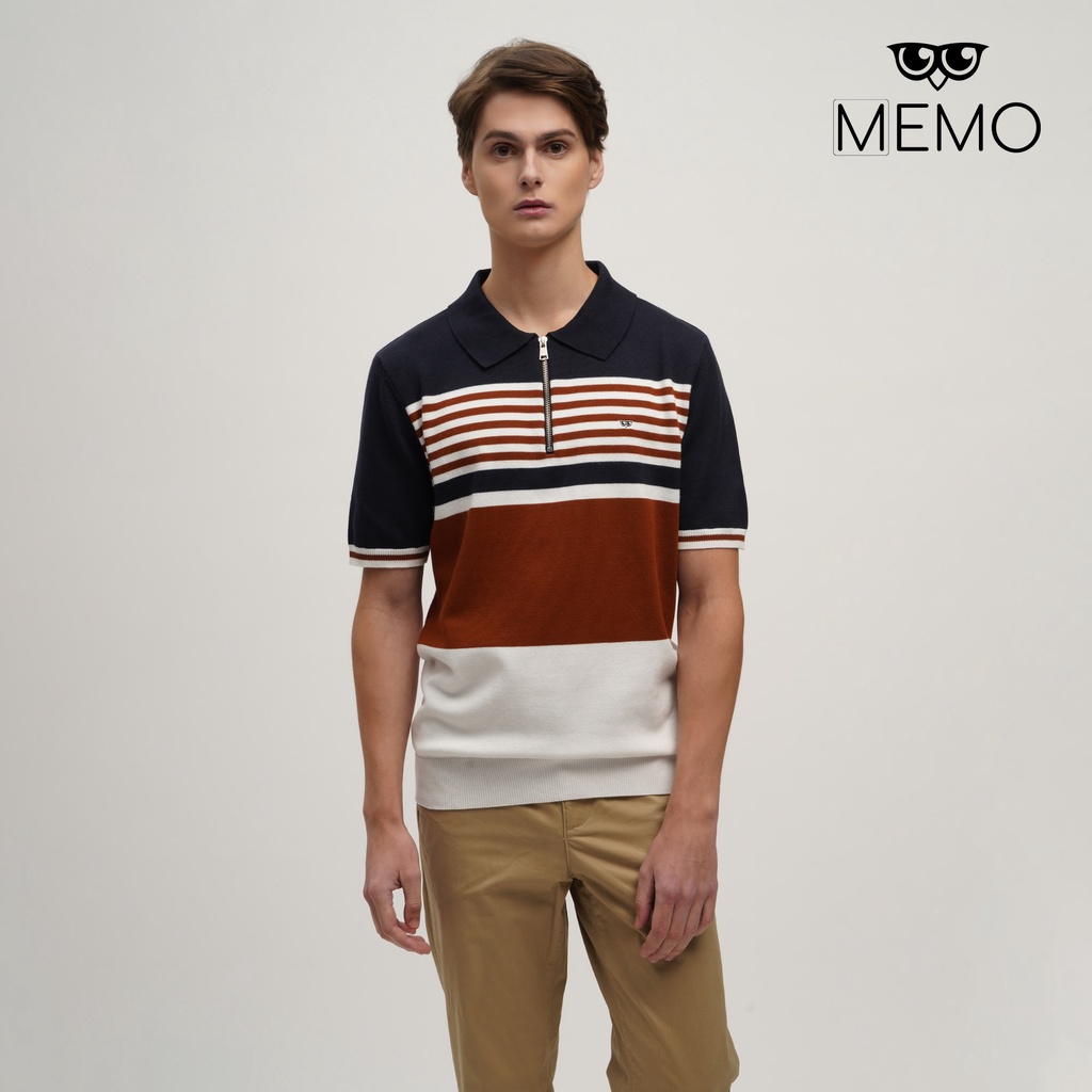 Memo Premium Stripe Zip Up Polo For Men (Autumn Brown) | Shopee Philippines