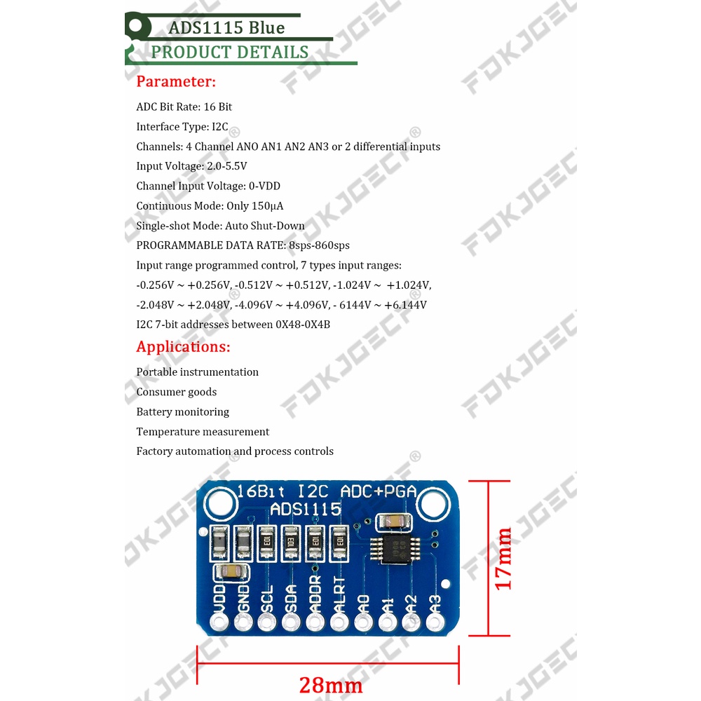 16 Bit I2C ADS1115 Module ADC 4 channel with Pro Gain Amplifier RPi ...