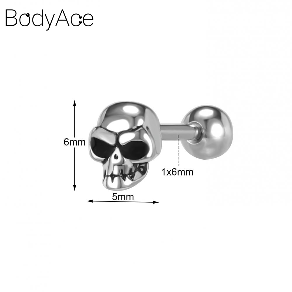 Bodyace 1 PC Punk Skull Skeleton Stud Earrings Gothic Cross Stainless ...
