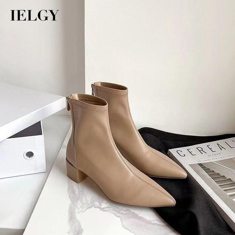 IELGY women's pointed toe slim all match chunky heel ankle boots ...