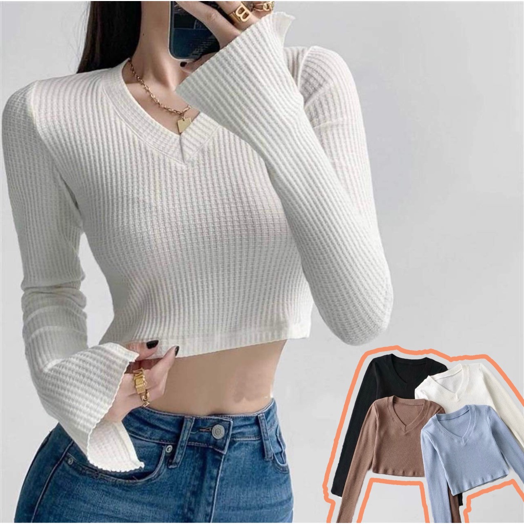 SS Vana V Neck Tops Long Sleeve Waffle Crop Top Blouses | Shopee ...