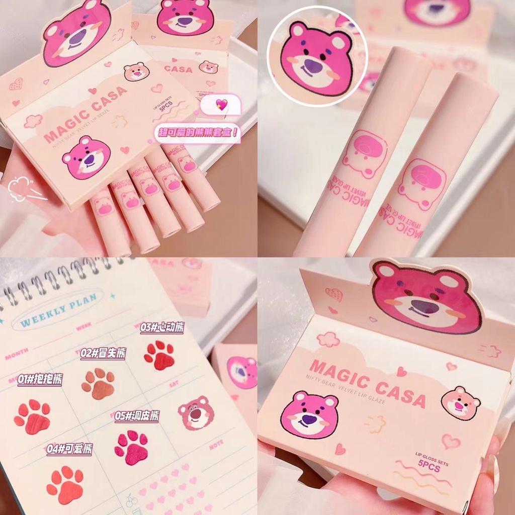 MAGIC CASA@ 6pc/Sets Lip Gloss Cute Bear Lip Glaze Waterproof Does Not ...