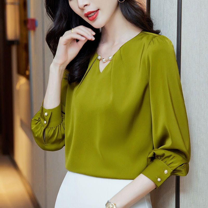 Chiffon Shirt Solid Color V Neck Loose Long Sleeved Womens Top