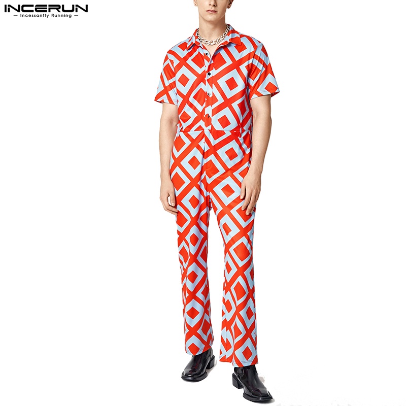 INCERUN S-5XL Men's Short Sleeved Stitching Color Patchwork Overalls ...