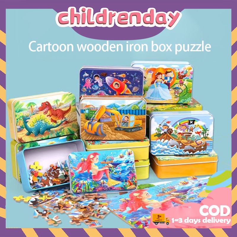60pcs Wooden Cartoon Puzzle Kids Learning Jigsaw Puzzle Metal Box Early ...