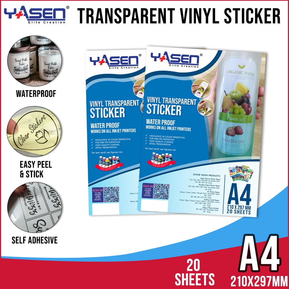 Yasen Transparent Vinyl Sticker Paper Waterproof A4 Size (20 Sheets ...