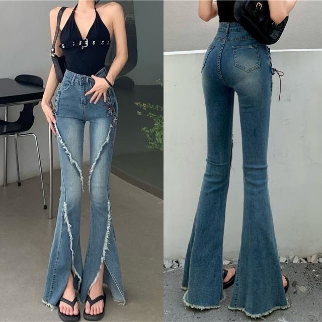 Women's Close Stretch High Waist Flared Wide Leg Boot Cut Pants Denim ...