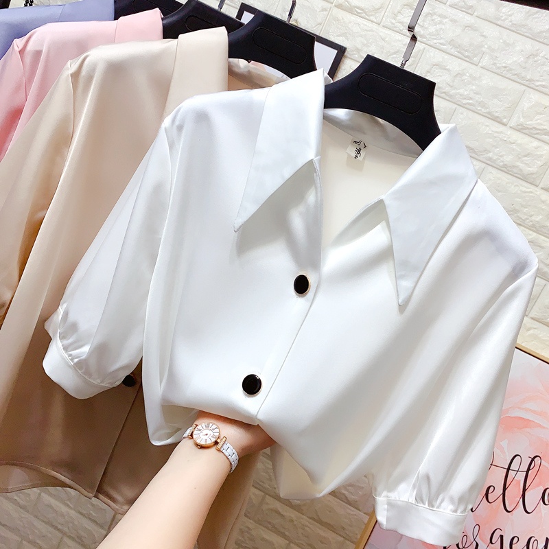 Satin Blouses for Women Korean Chiffon Short Sleeve Women Tops and ...
