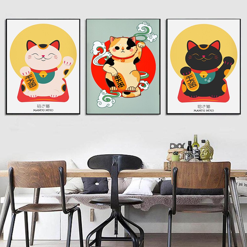 Maneki Neko Print Lucky Cat Wall Art Canvas Decor Japanese Cute Animals ...