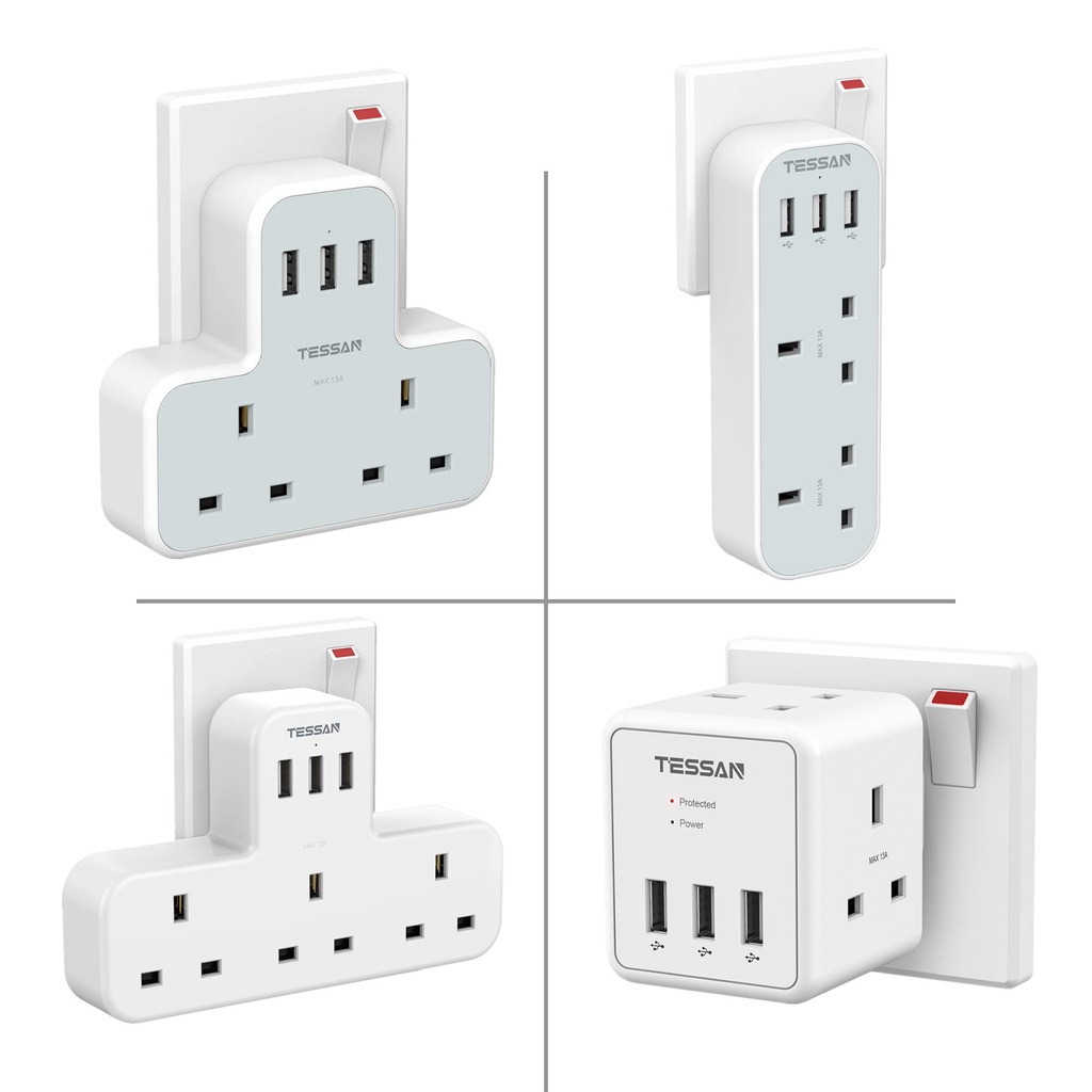 ☍2 Way / 3 Way Extension Plug Power Socket Surge Protector with 3 USB ...