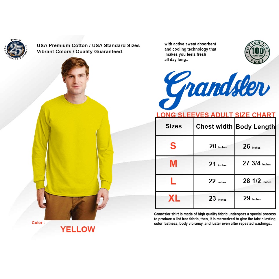 Grandsler Adult Long Sleeves Plain (Yellow) | Shopee Philippines