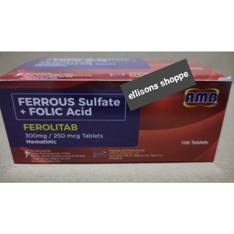 Ferolitab Ferrous Sulfate 300mg + Folic Acid 250mcg Vitamin 100 Tablets ...