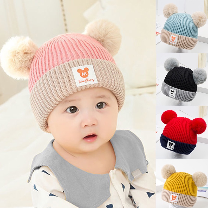 Baby Knitted Color-Block Hairball Cap Kids Autumn And Winter Cute ...