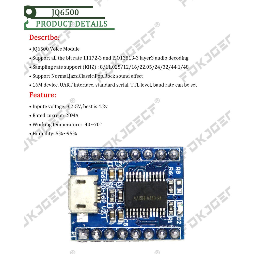 JQ6500 16Mbit Voice Sound Board Module USB DIP16 TTL UART MP3 Breakout ...