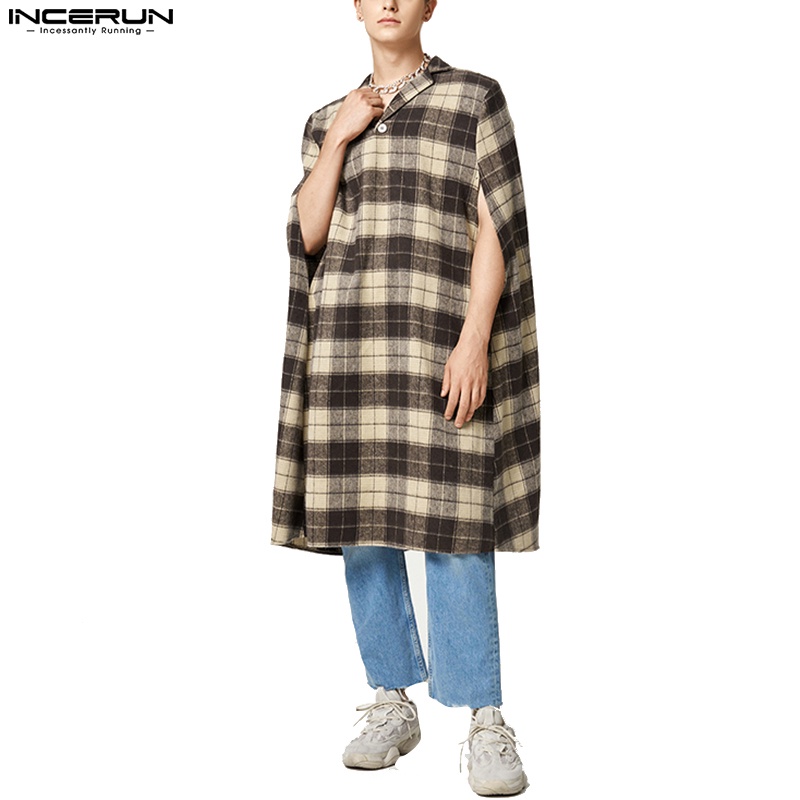 INCERUN Mens Vintage Checked Poncho Cape Shawl Loose Hippie Cloaks ...