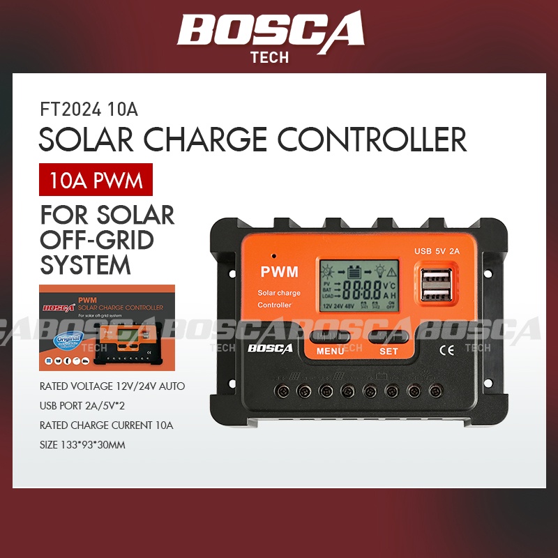 BOSCA Solar Charge Controller PWM 12v 24v AUTO 10A FT2024 LCD display ...