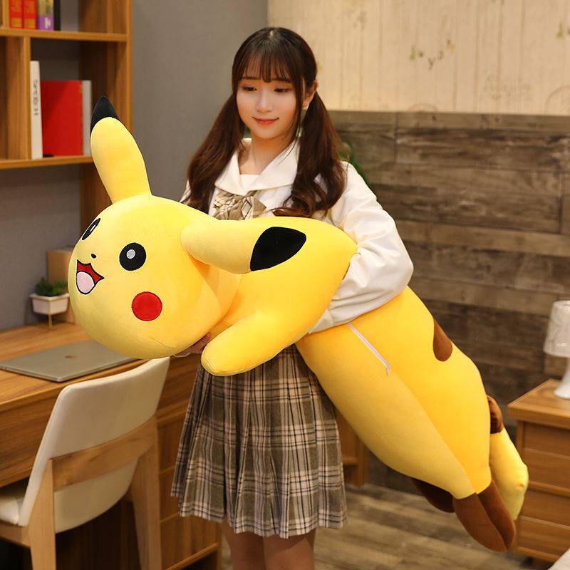 Cute Bikachu plush toy Pikachu doll big doll girl sleeping on bed ...