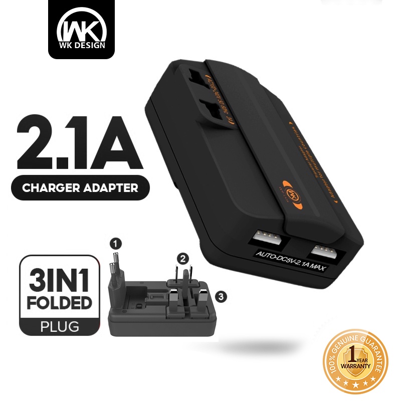 WK Design C.U08 Slimmest Travel Adapter Wall Charger Dual USB 2.1A Port ...