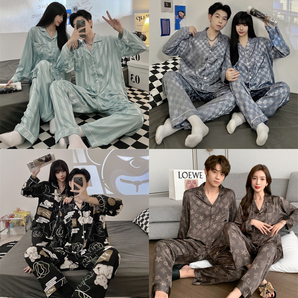 Pajama terno Couple Silk Long Sleeves Pajama Terno Stripe Plaid New ...