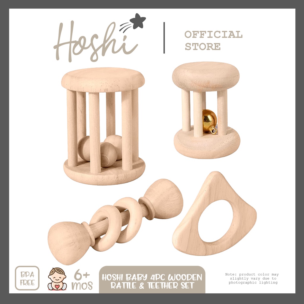 Hoshi Baby 4pc Wooden Rattle and Teether Set, Gift Set for Infant ...