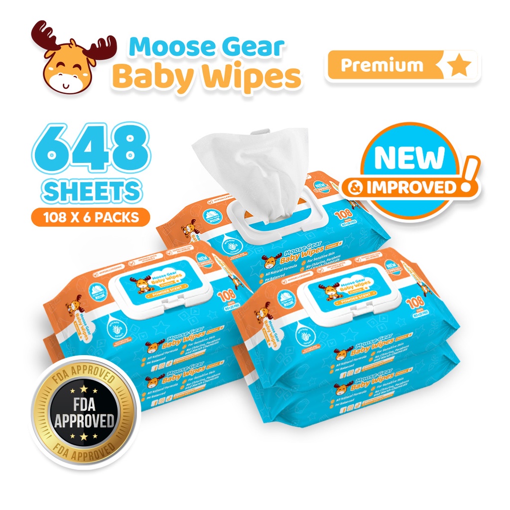 Moose Gear Baby Wipes Premium Powder Scent 648sheets 6PACKS w/ Vitamin ...