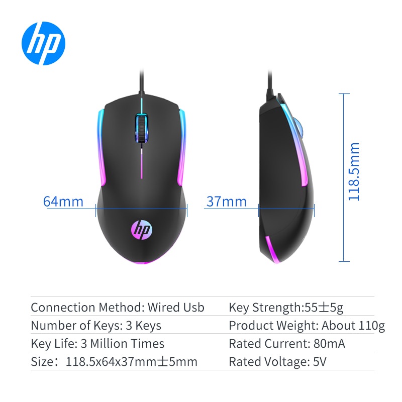 HP M160 Wired Gaming Mouse LED Backlight DPI 1000 Ergonomik Gamer Mice ...