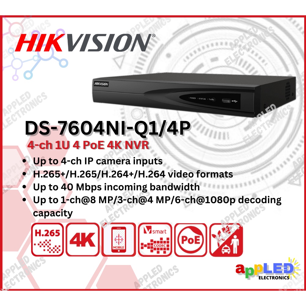 Hikvision DS-7604NI-Q1/4P 4CH 1U 4 PoE 4K NVR with 4 Built-in PoE Interfaces | Shopee Philippines