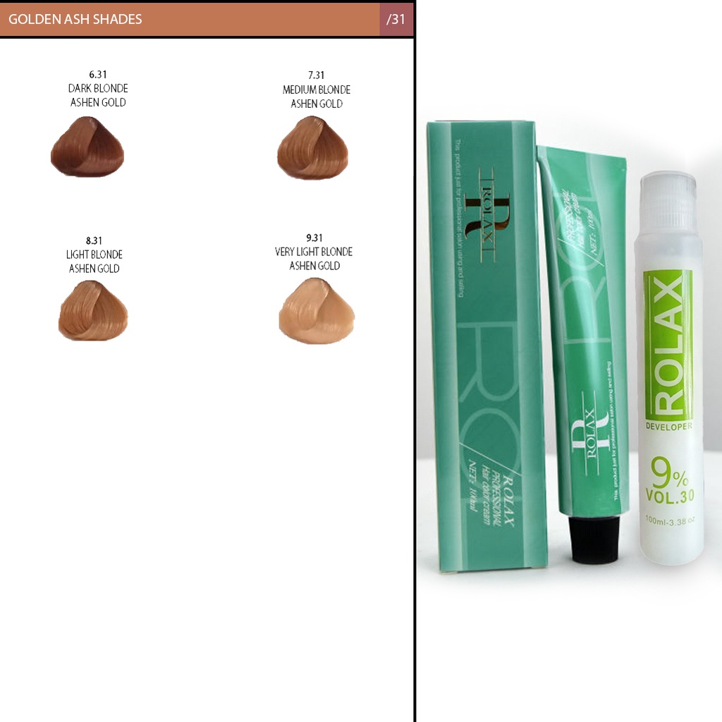 ROLAX hair color (GOLDEN ASH SHADES) with oxidizing cream 100g 9% ...