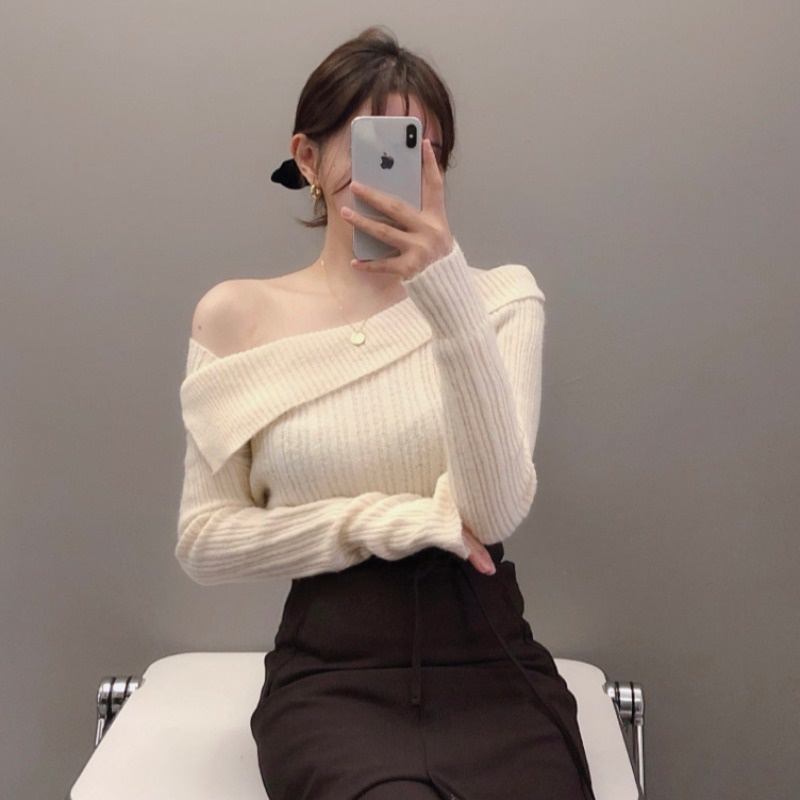 Autumn off shoulder slant neck versatile thin long sleeve sweater women ...