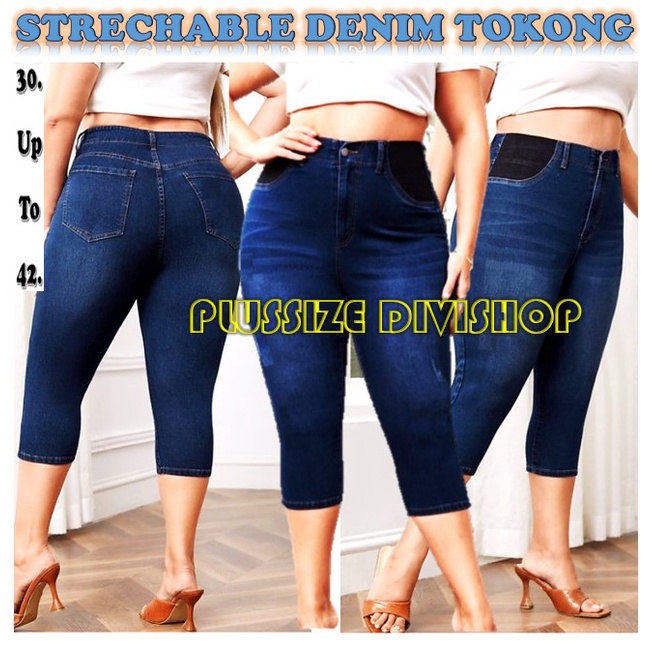Plussize Highwaist August Tokong Denim Maong Strechable Darkblue Capri Pedal Pants Big size (30 ...