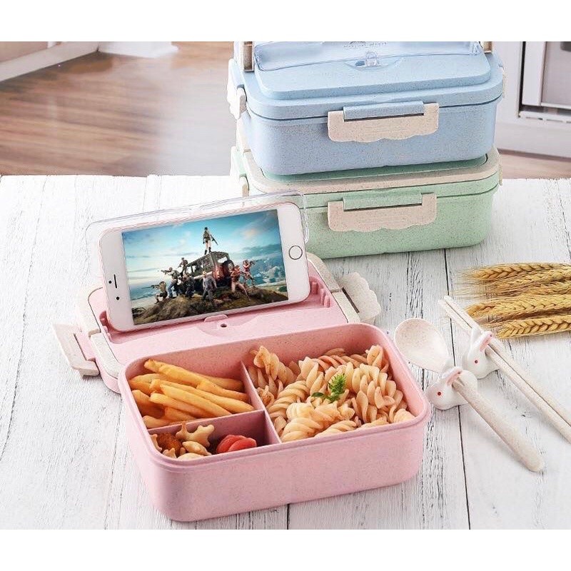 Wheat straw convenient formatted lunch box with spoon chopsticks ...