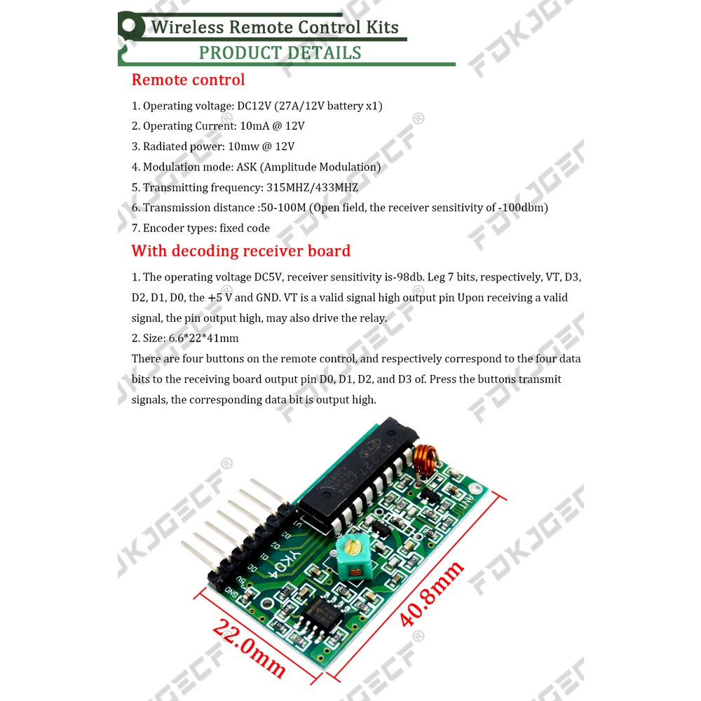 1set IC 2262/2272 4 Channel 315Mhz / 433Mhz Key Wireless Remote Control ...