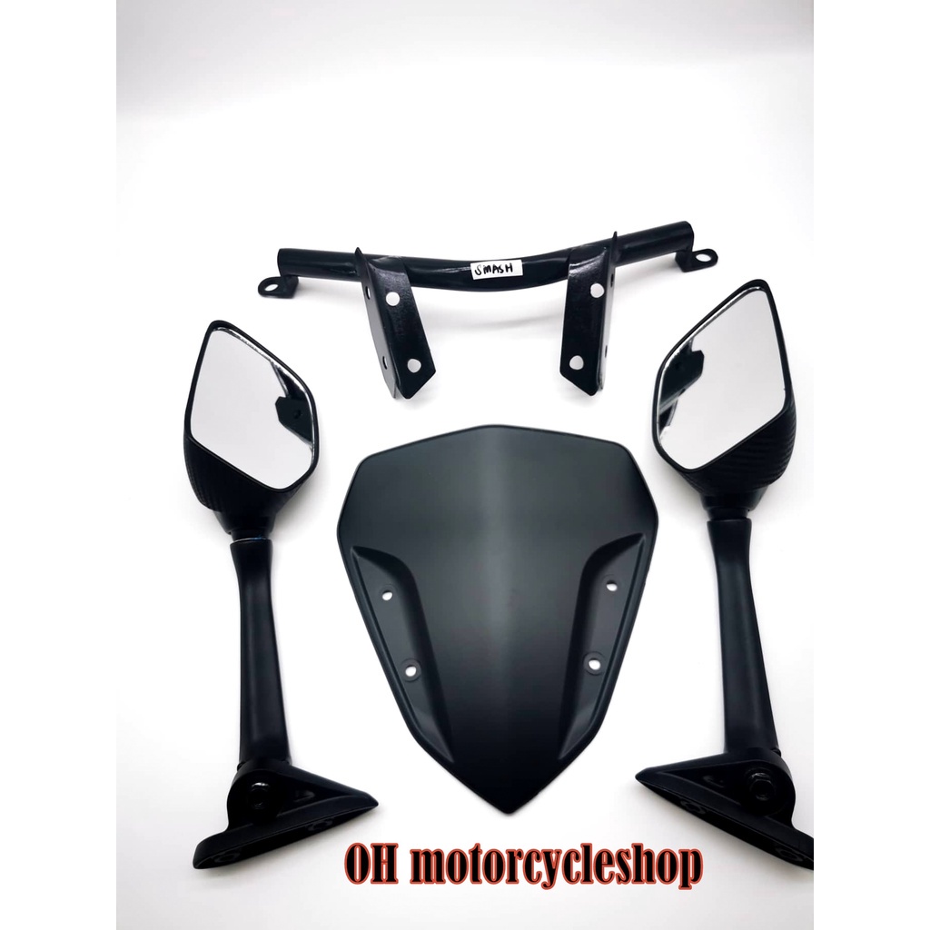 Black Visor/Bracket/ Side Mirror 3in1 W/Out Bolts For Click V1/V2/Smash ...