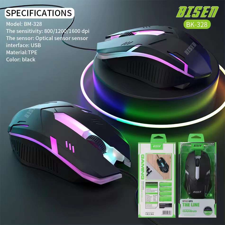 BISEN BK328 Mouse 7 Colors LED Light 3D Wired Lighting Gaming Mouse ...