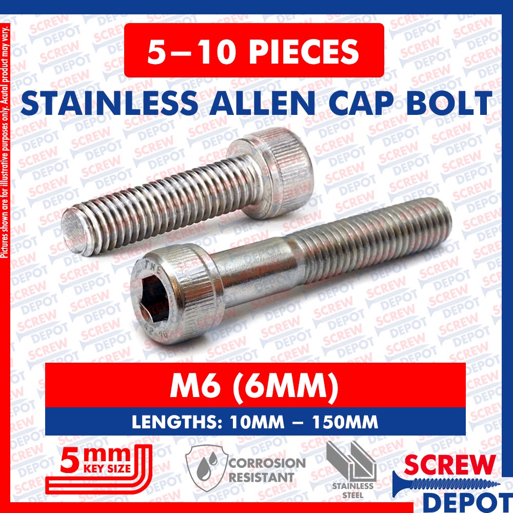 1-10PCS M6 (6MM) SS Allen Cap / Socket Head / Stainless Allen Capscrew ...