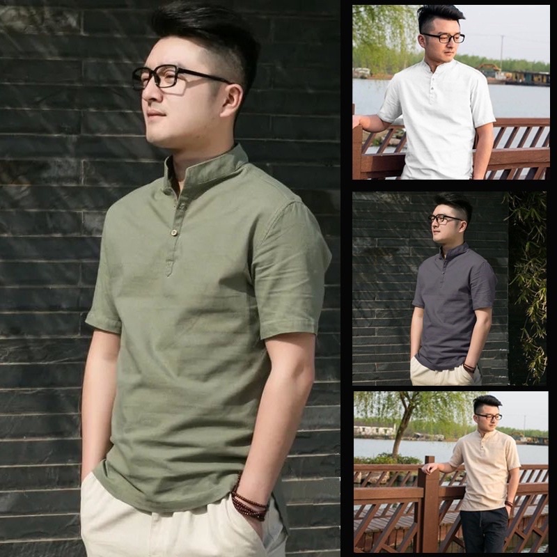 Chinese Collar Casual Polo for Men Korean Plain Cotton Linen Short ...