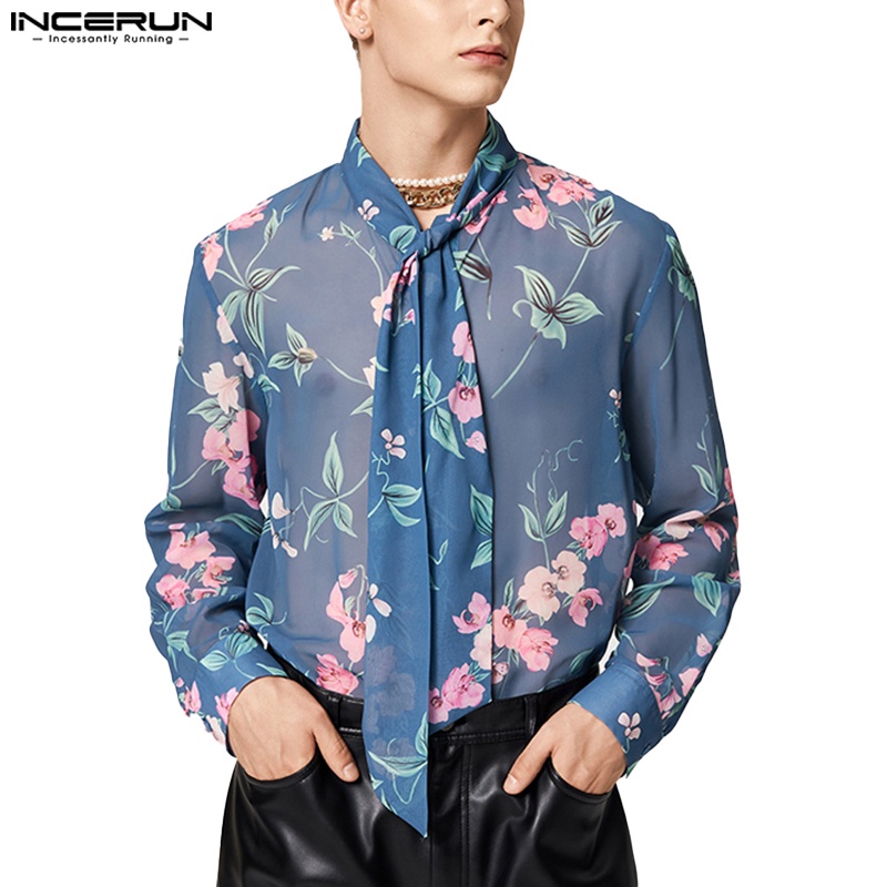 INCERUN Mens Floral Printed Transparent Long Sleeve Pussy Casual Mesh ...