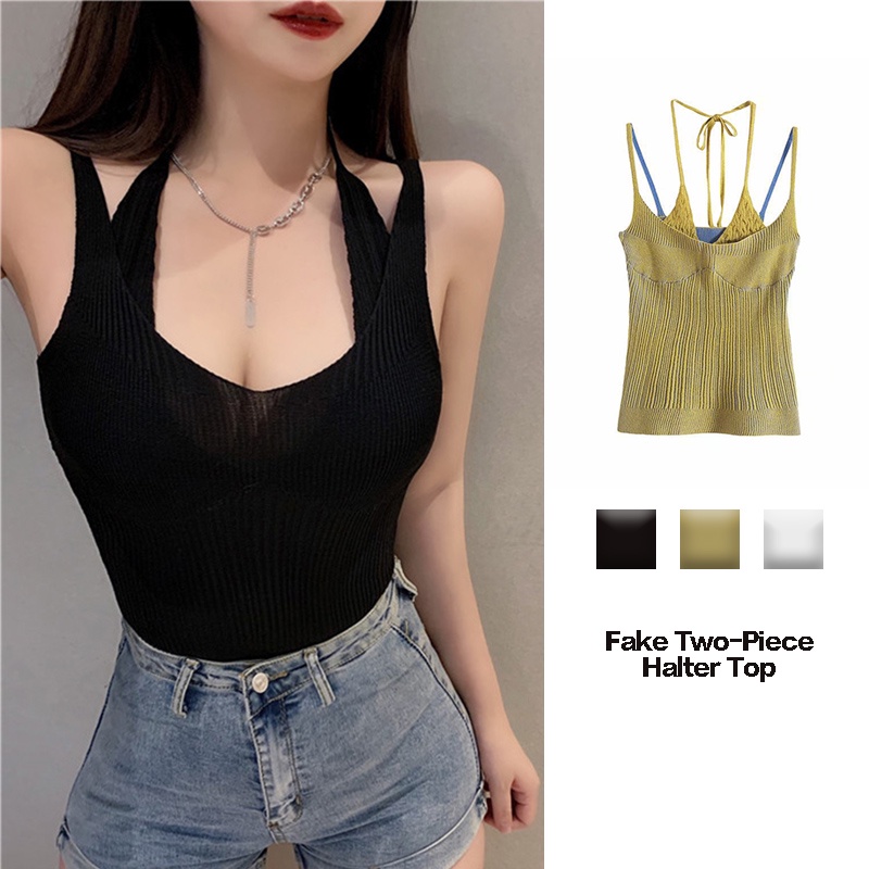 knitted vest for women design sense fake two-piece halter top slim-fit ...