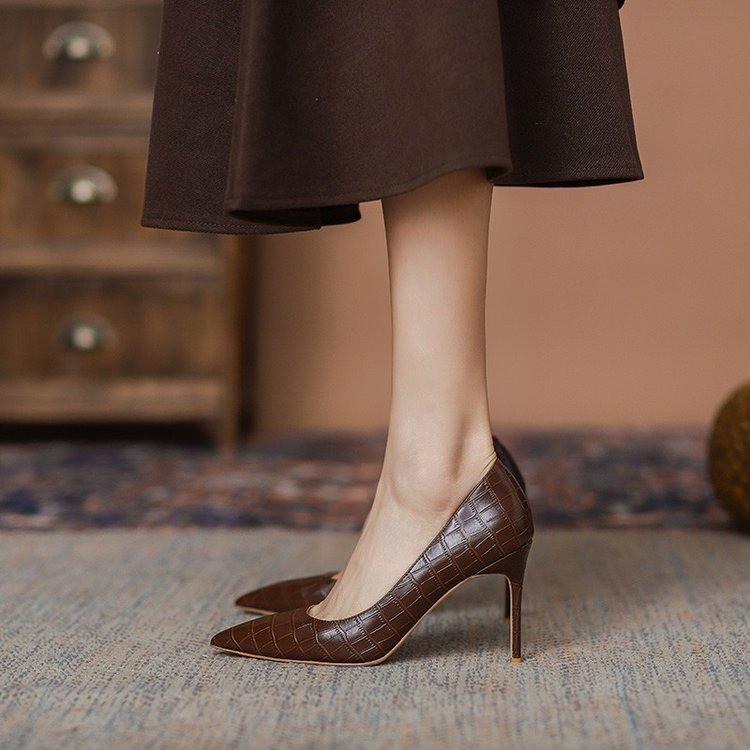Brown High Heels Women Stiletto Heel Pointed Toe Vintage Professional ...