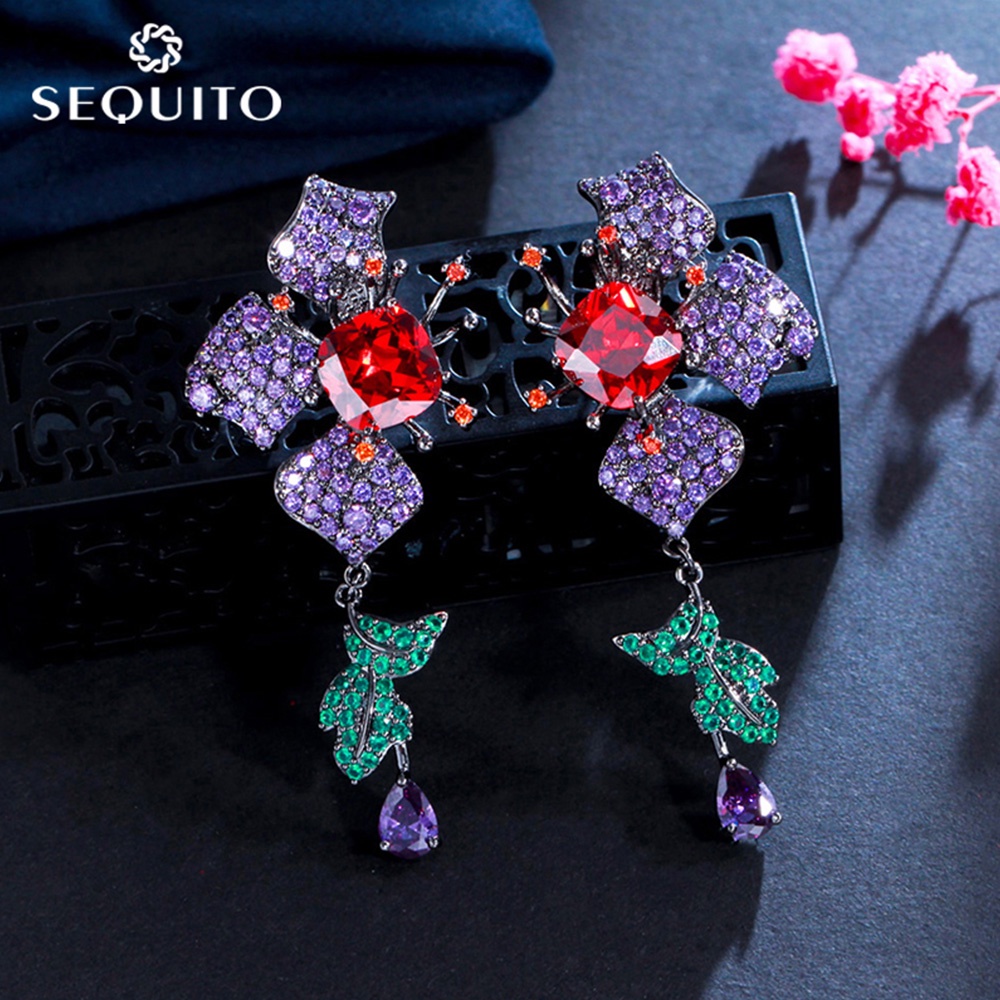 SEQUITO Designer Micro Purple Zirconia Pave Square Red Stone Black Gold ...