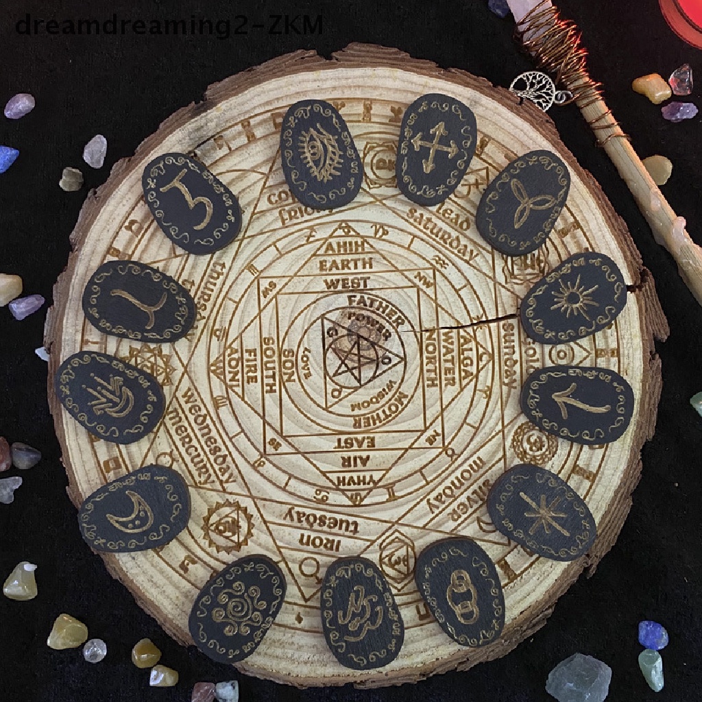 [dreamdreaming] Wood Runes Stone Set Witches Rune Set 14 PCS Engraved ...