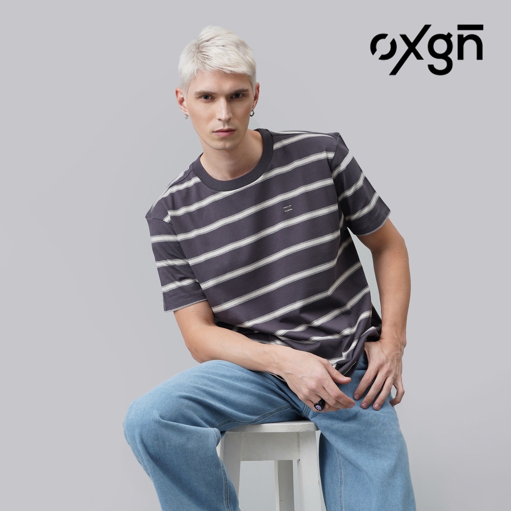 OXGN COED Unisex Striped T-Shirt With Embro For Men And Women (Cement ...