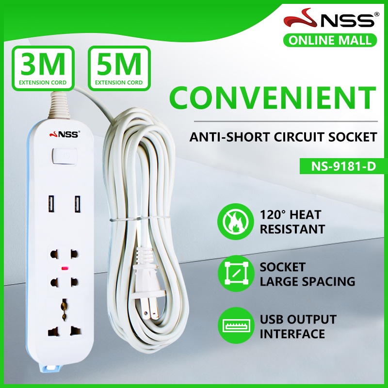 NSS Extension Outlet Socket Plug with Switch Usb Cable Power Supply ...