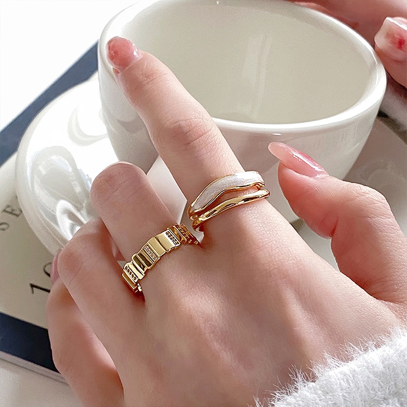 Zircon Rectangular Stitching Open Ring Korean Unique Design Feel Oil ...