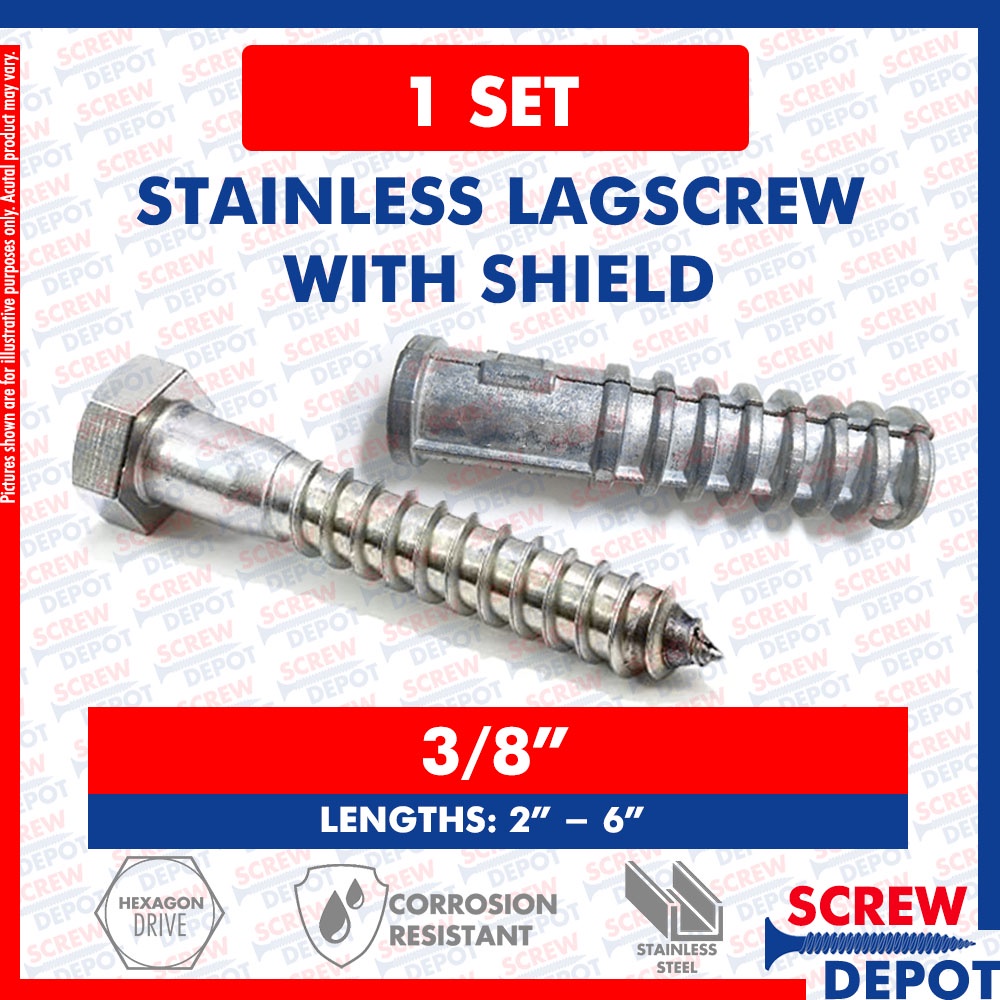 1PAIR 3/8 STAINLESS Lagscrew with Shield / SS Expansion Bolt with ...
