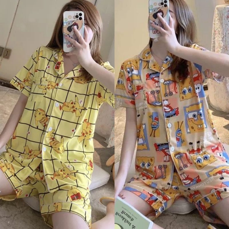 M-2XL Character Pajama Short Long Sleepwear Set Spongebob Pikachu ...