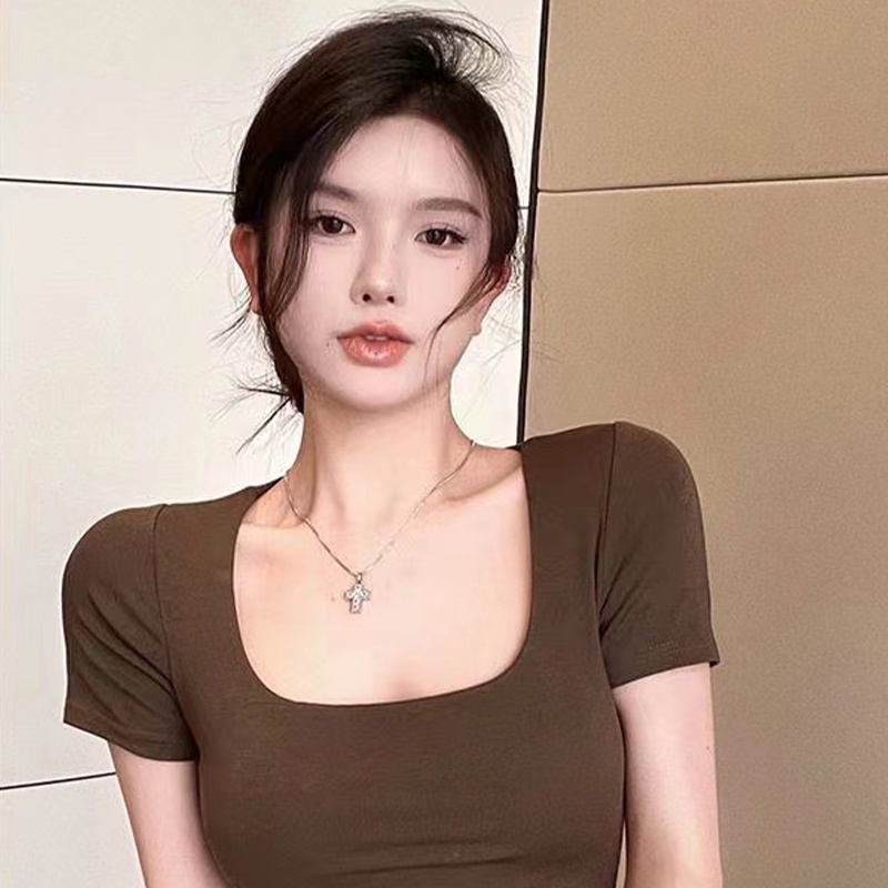 Women´s Basic Rib Knit Tops Sexy Summer Short Sleeve Solid Color Slim