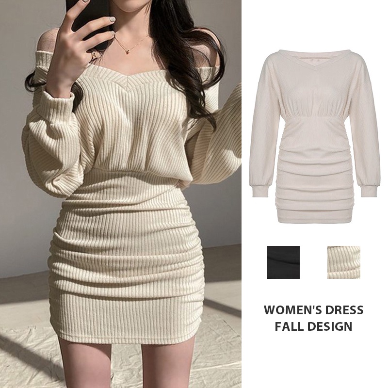 Dress Women's Autumn Design V Neck High Waist Slim Pure Color Pleated Hip Wrap Dress BE | Shopee ...