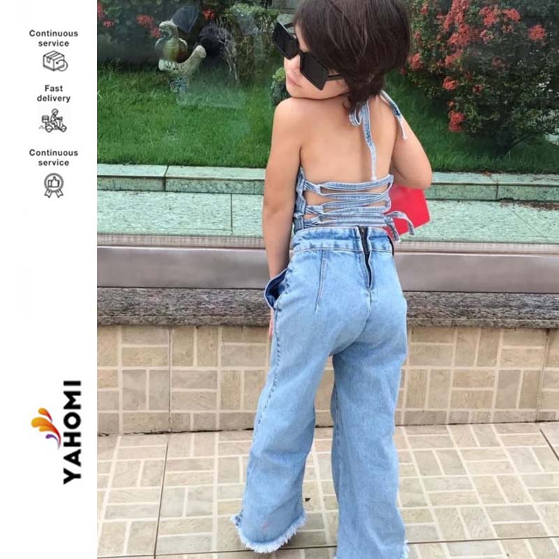 【ZXT】(Blue, 1-6 Years)Kids Girl Halter Jeans Jumpsuit Sleeveless Solid ...