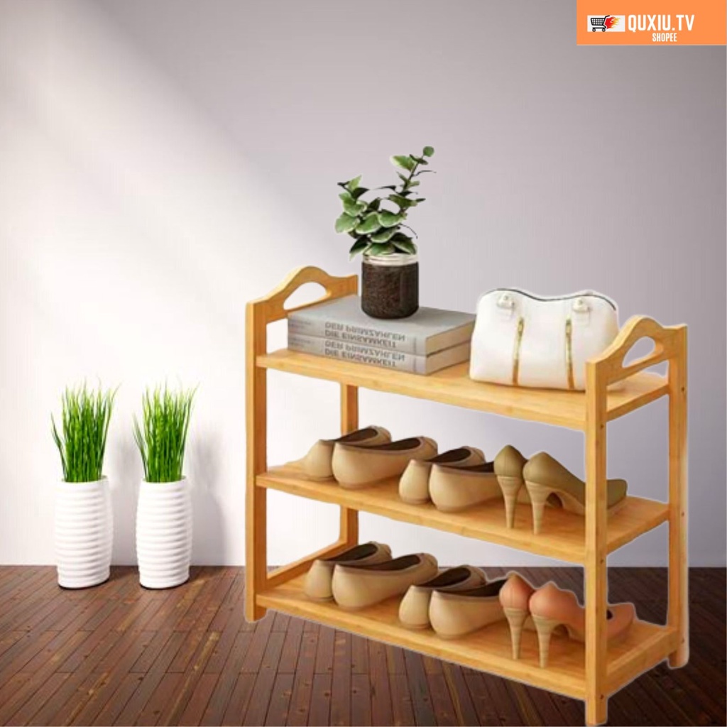 3 Layer 50CM Shoe Rack Tier Wooden Bamboo Stackable Shoes Organizer ...